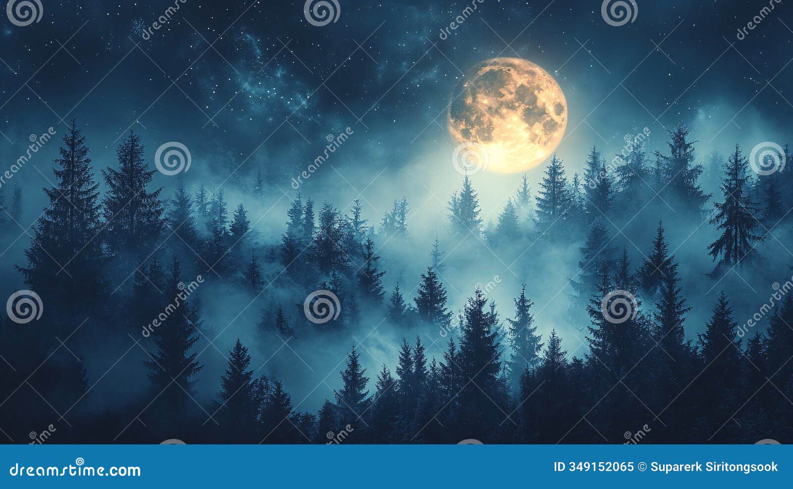 Mystical Forest Night Full Moon Fog Stock Illustration - Illustration ...