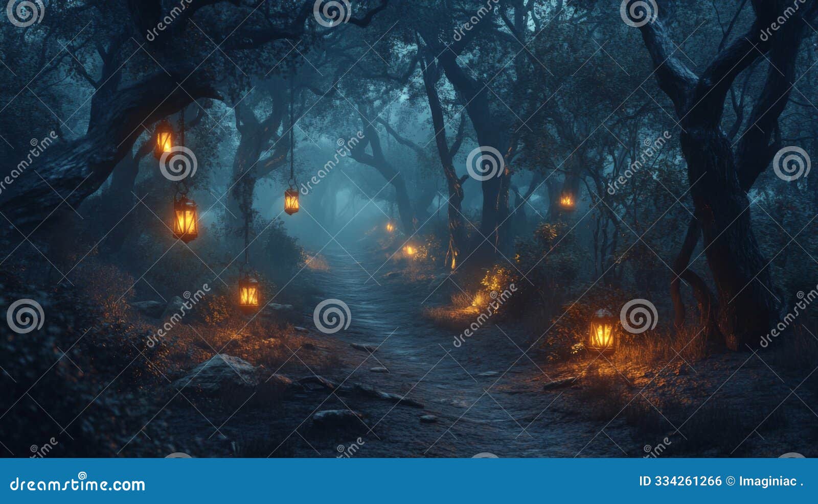 A Mystical Forest Path Lit by Lanterns Stock Illustration ...