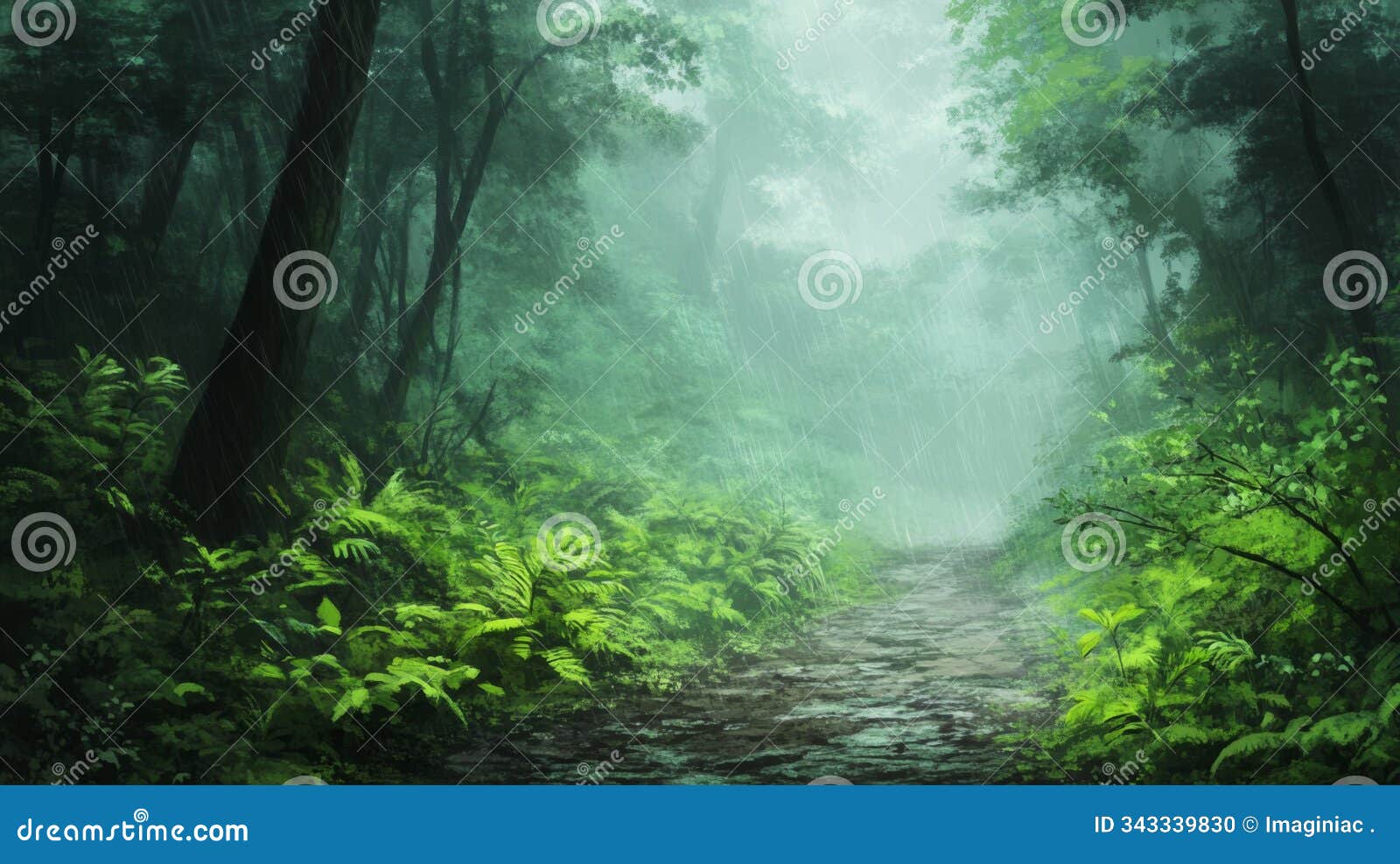 A Mystical Forest Path with Rain Falling through the Canopy Stock ...