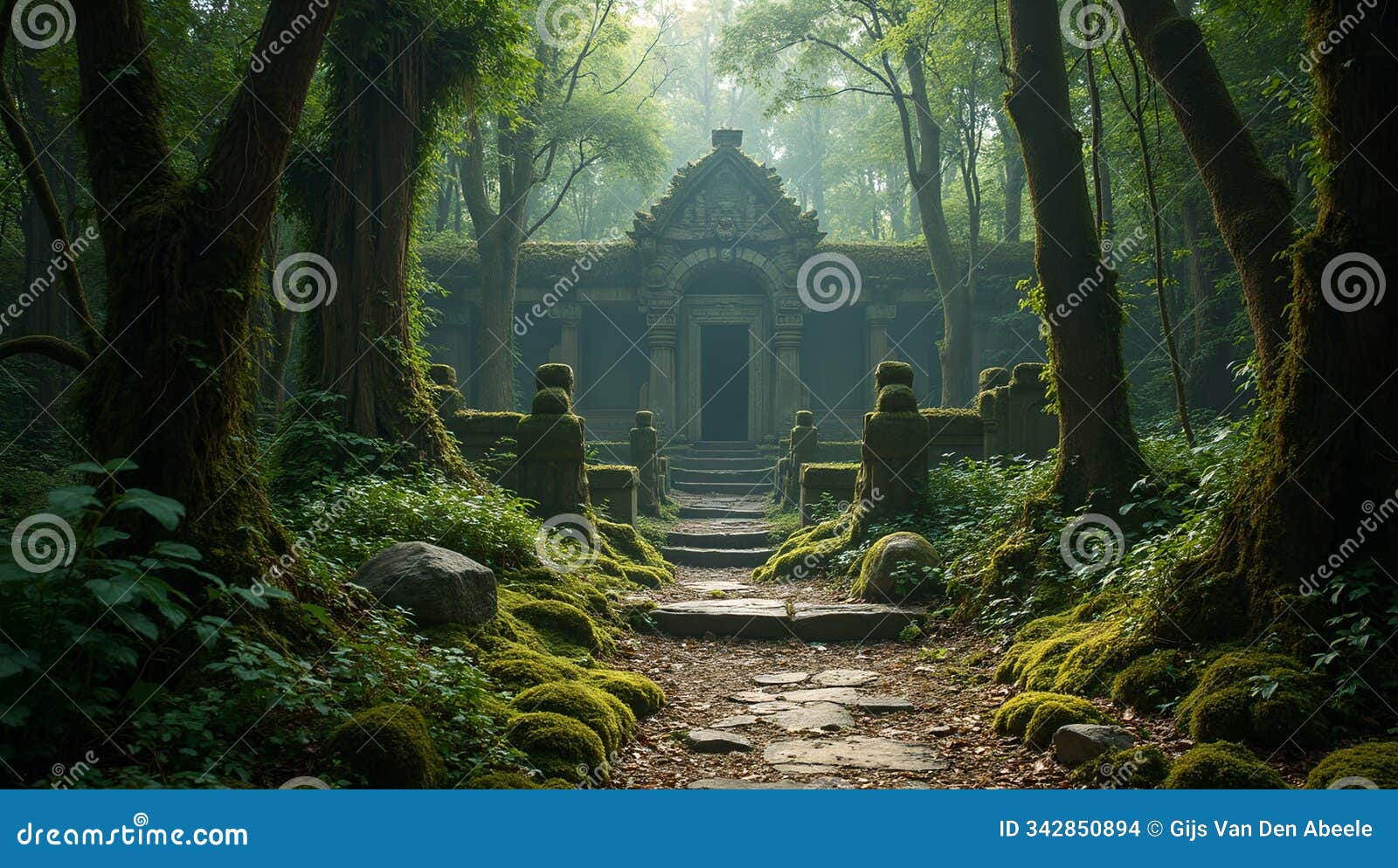 Mystical Forest Path To Hidden Temple with Statues and Moss Covered ...
