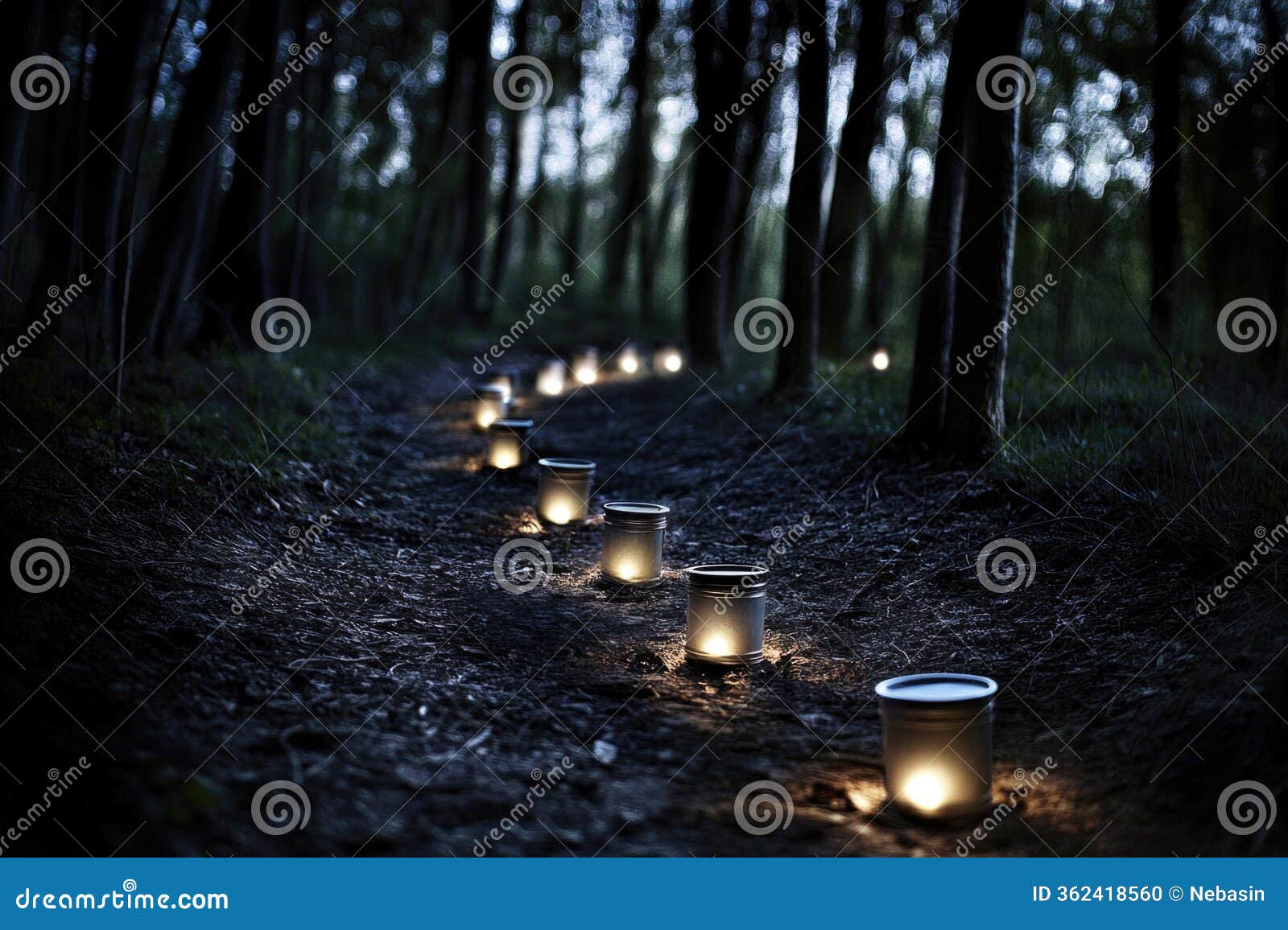 Mystical Forest Pathway Lit by Candle Lanterns at Dusk Stock Photo ...
