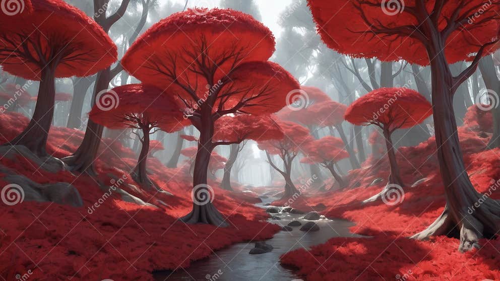 A Mystical Forest with Red Trees and a Stream Stock Illustration ...
