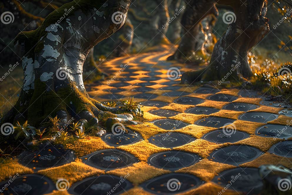 Enchanted Forest Pathway with Sunlit Checkerboard Pattern Generative AI ...