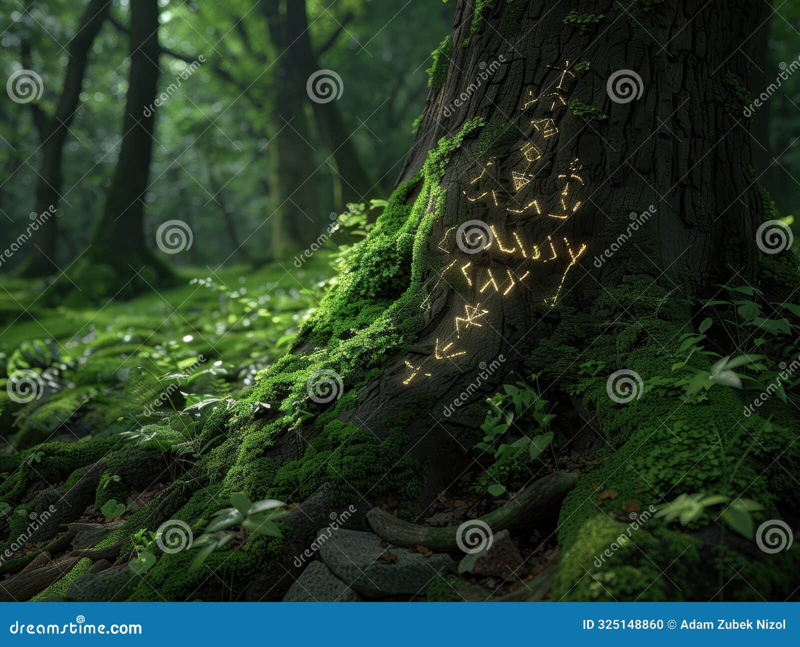 Mystical Forest Scene with Glowing Runes on Tree Trunk Stock ...
