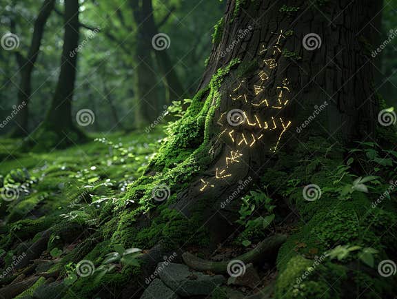 Mystical Forest Scene with Glowing Runes on Tree Trunk Stock ...