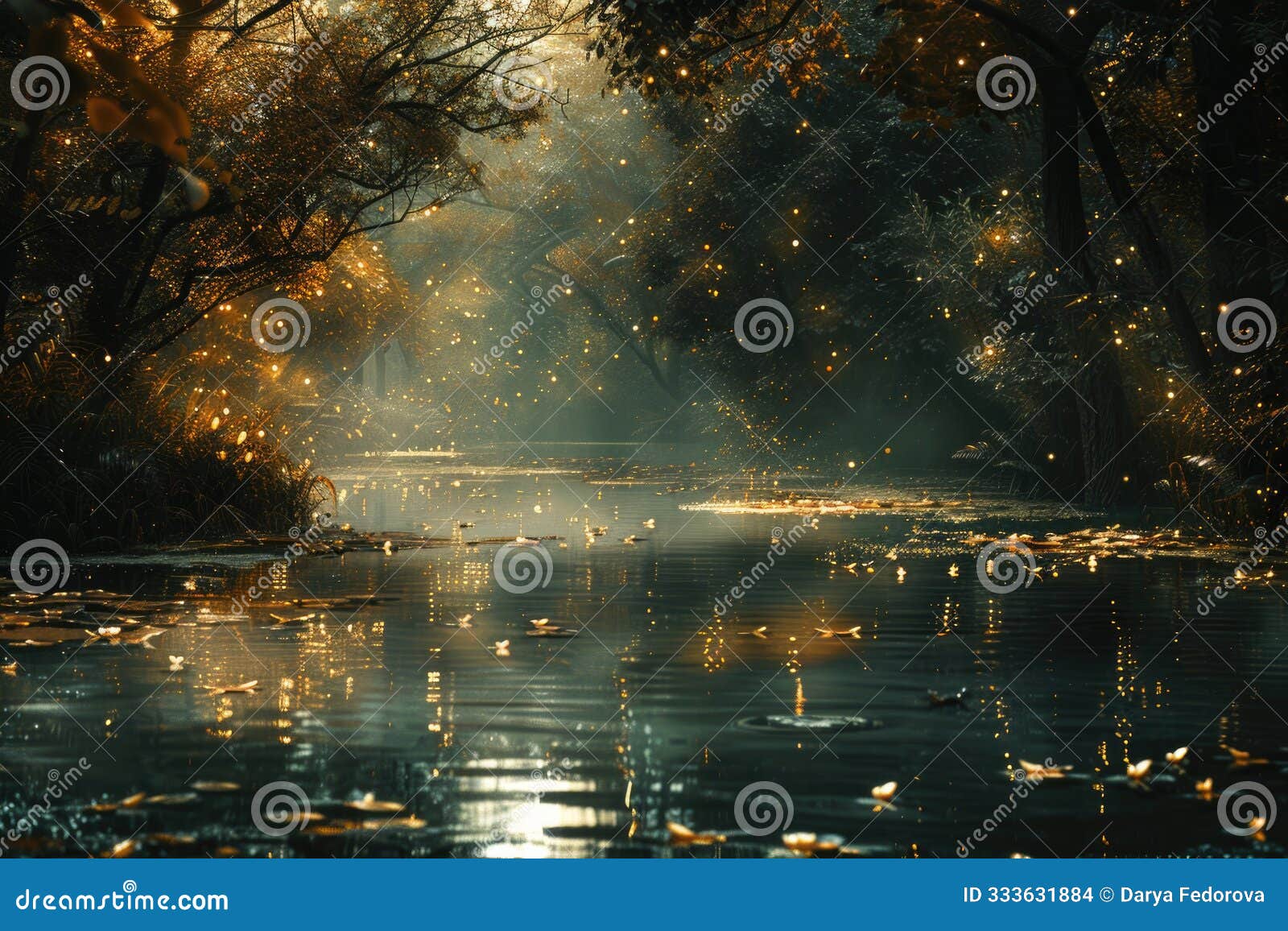 Mystical Forest Stream Illuminated by Magical Golden Fireflies at Dusk ...