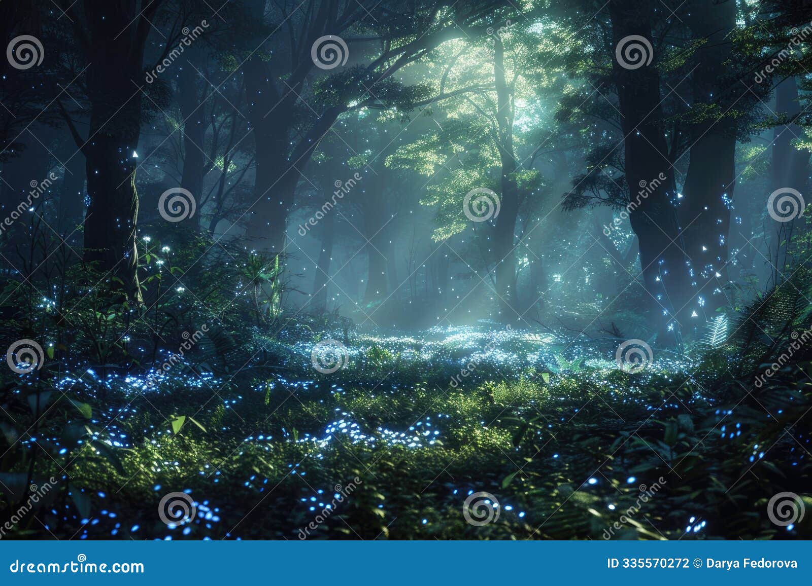 A Mystical Forest Its Trees Intertwined With Glowing Floating Orbs That ...
