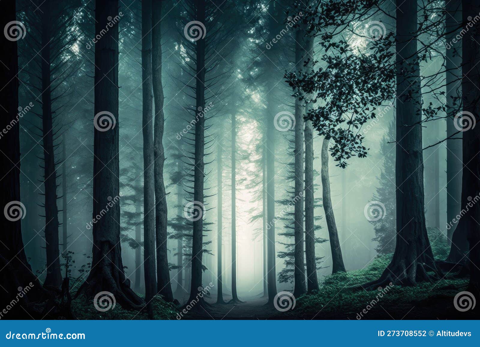 Mystical Forest with Tall Trees and Fog, Providing a Spooky yet Magical ...