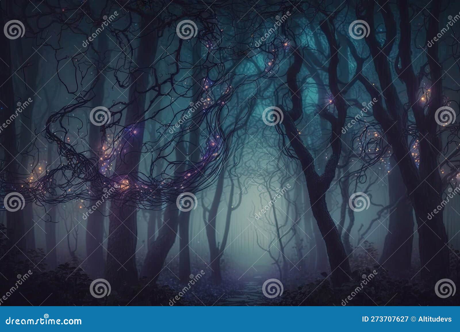 Mystical Forest, with Towering Trees and Fairy Lights Shining in the ...