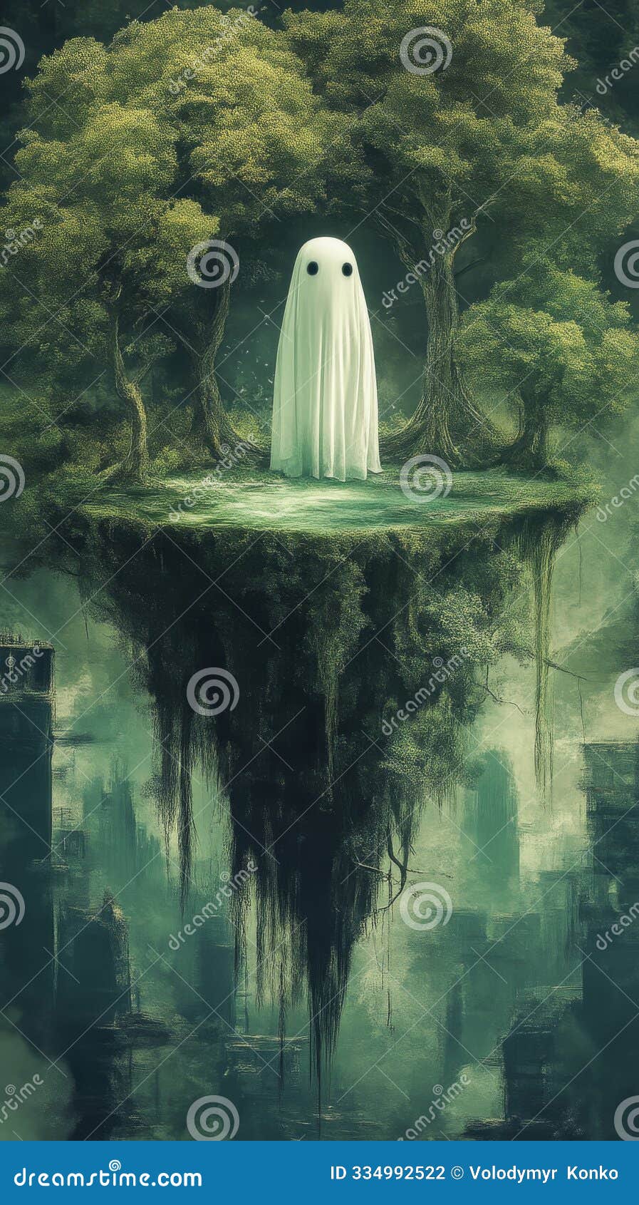 Mystical Ghost on Floating Island with Trees Stock Photo - Image of ...