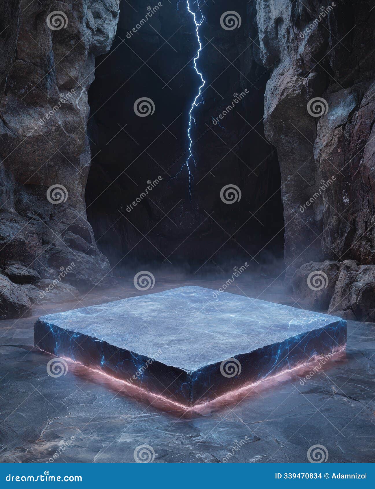 Mystical Glowing Cube in Dark Cave with Lightning Stock Illustration ...
