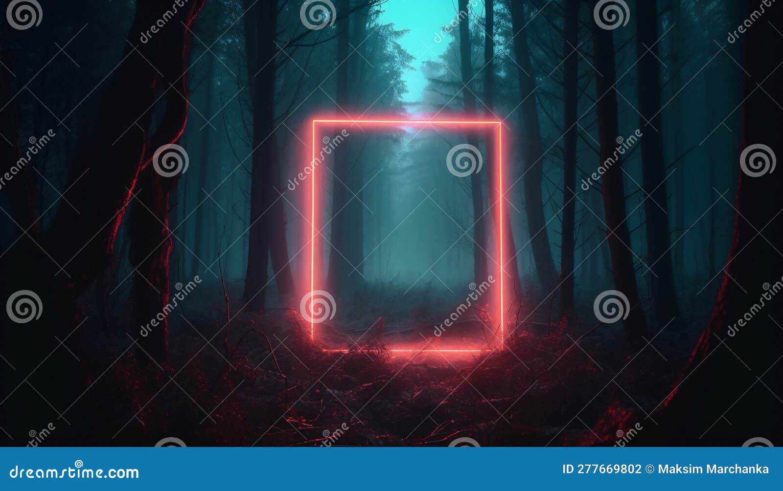 Mystical Glowing Neon Light Creepy Square or Portal in the Forest, AI ...