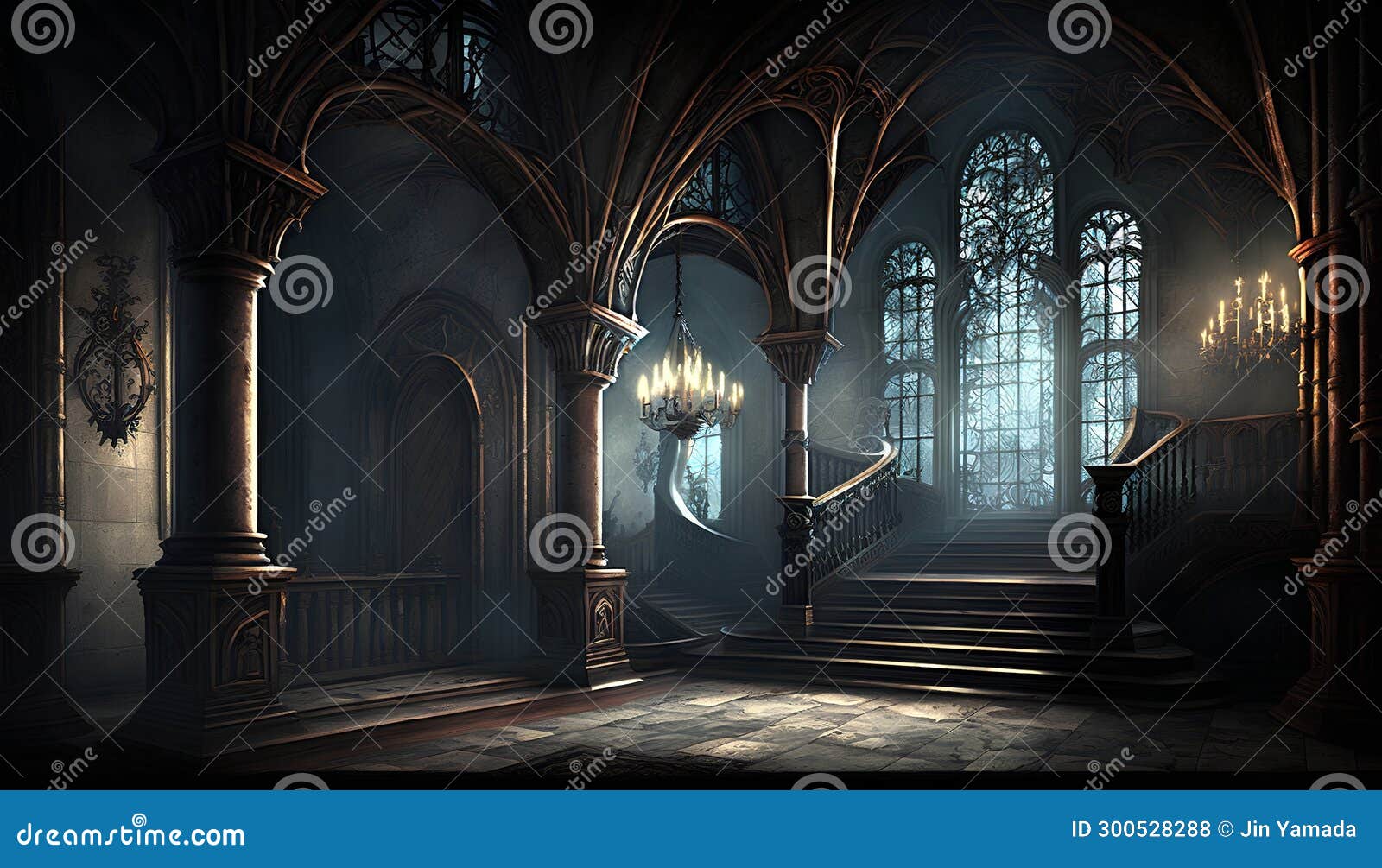 Mystical Gothic Interior. 3D Illustration. Fantasy Scene Stock ...