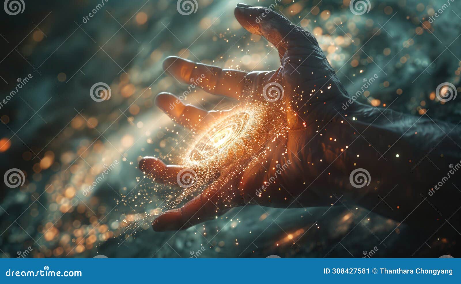 Mystical Hand Emitting Glowing Particles in Darkness Stock Illustration ...