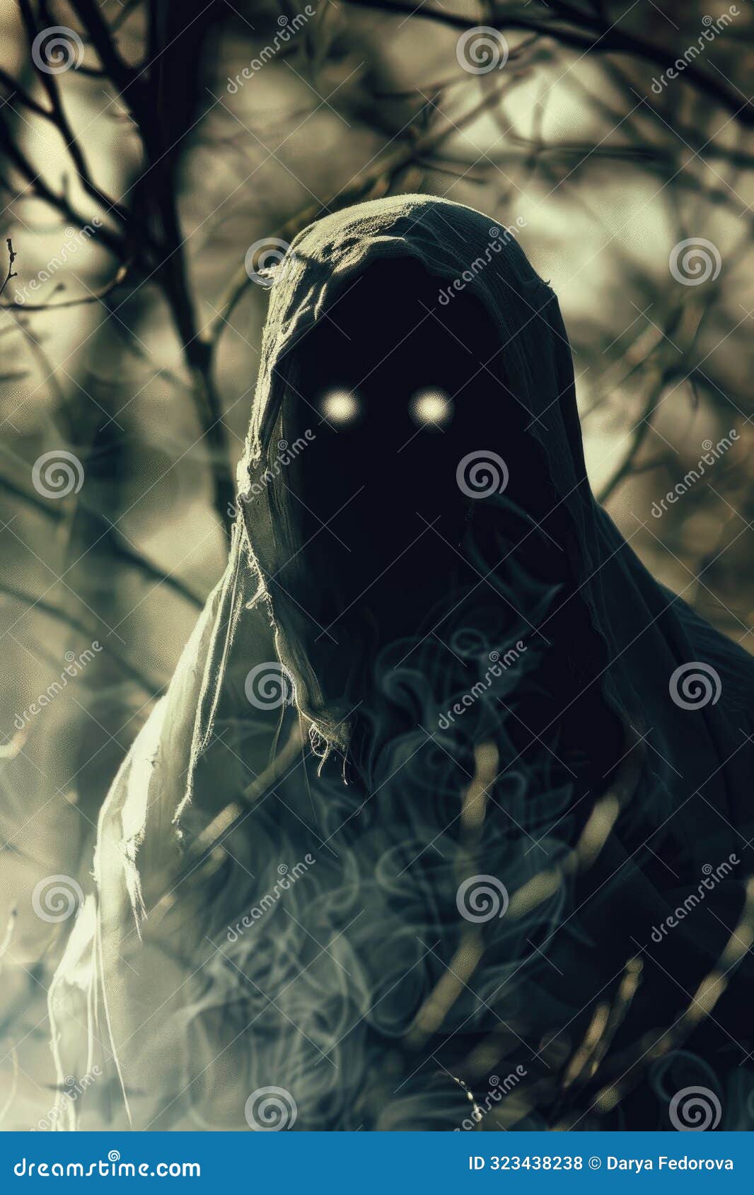 Mystical Hooded Figure with Glowing Eyes in Spooky Forest Setting Stock ...