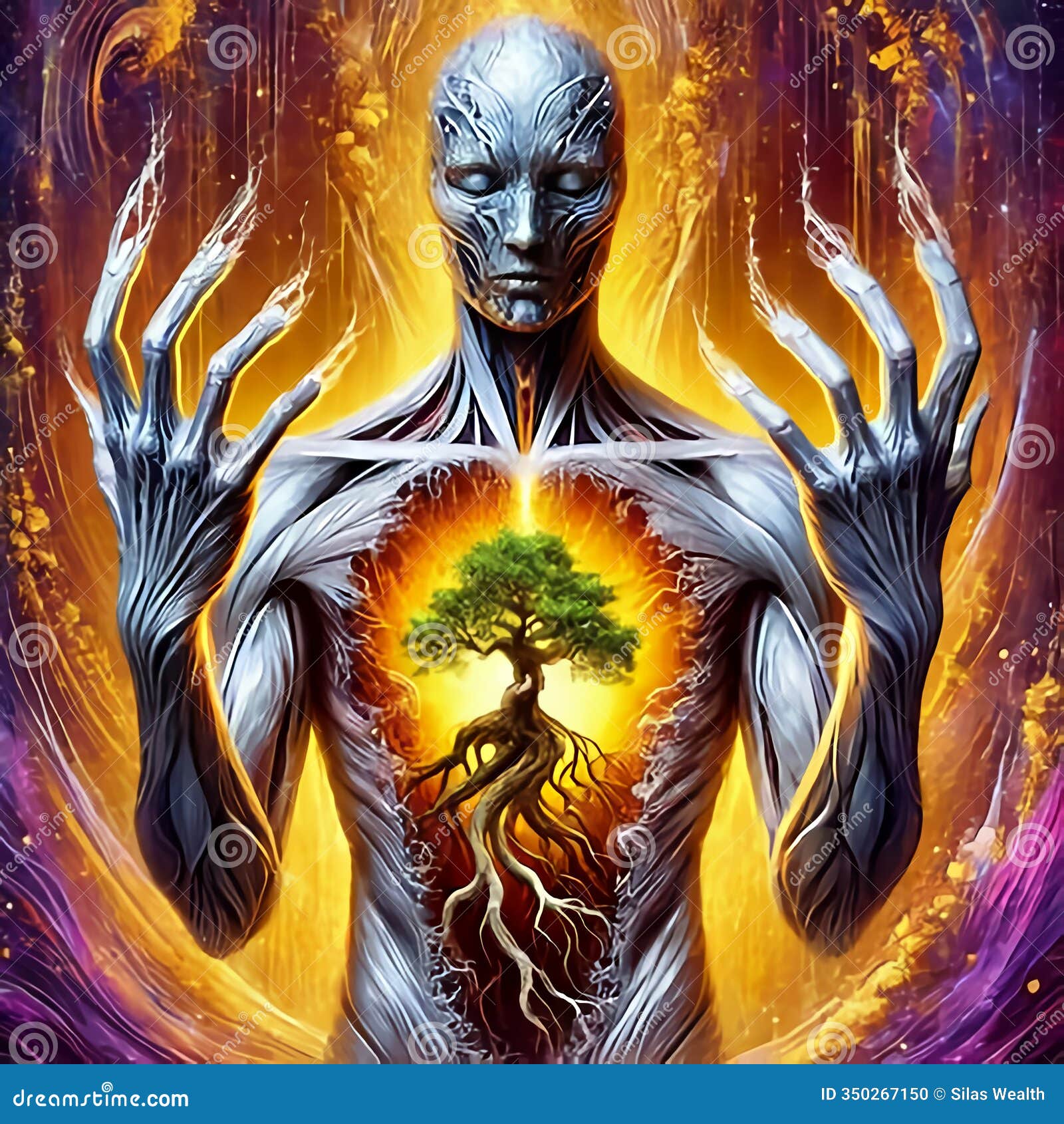 Mystical Humanoid with Liquid Silver Hands and an Ancient Tree Stock ...