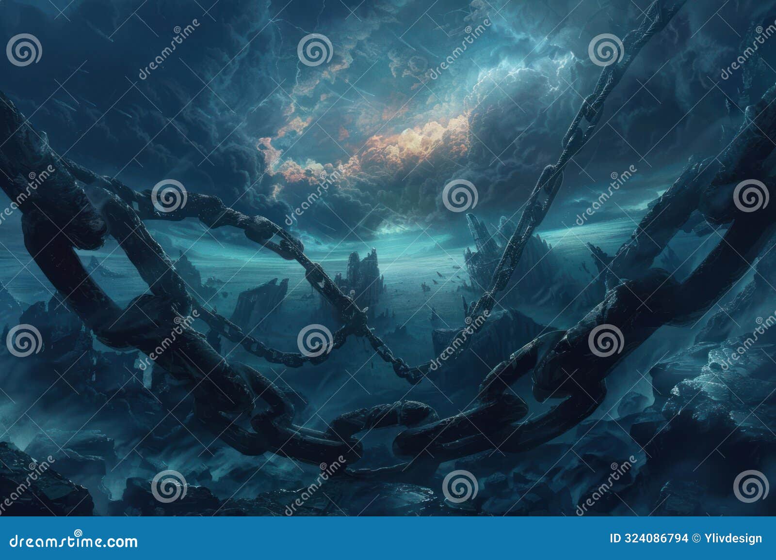 Epic Fantasy Landscape with Chains and Distant Mountains Stock ...