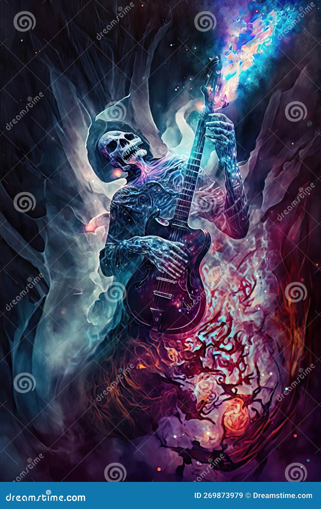 Mystical Image of a Skeleton Playing a Guitar, an Anthropomorphic Image ...