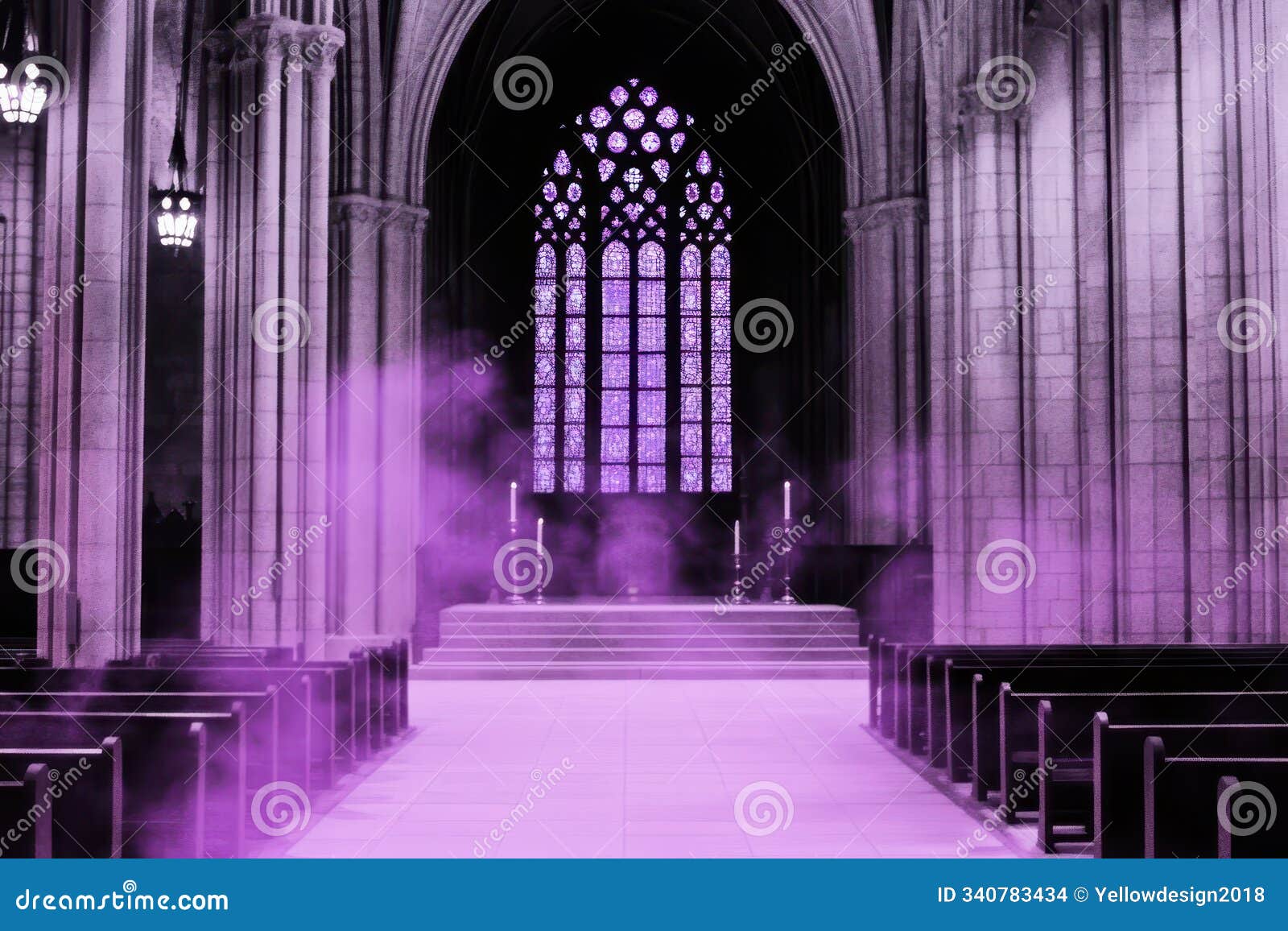 Mystical Lavender Mist in a Gothic Cathedral Interior with Stained ...