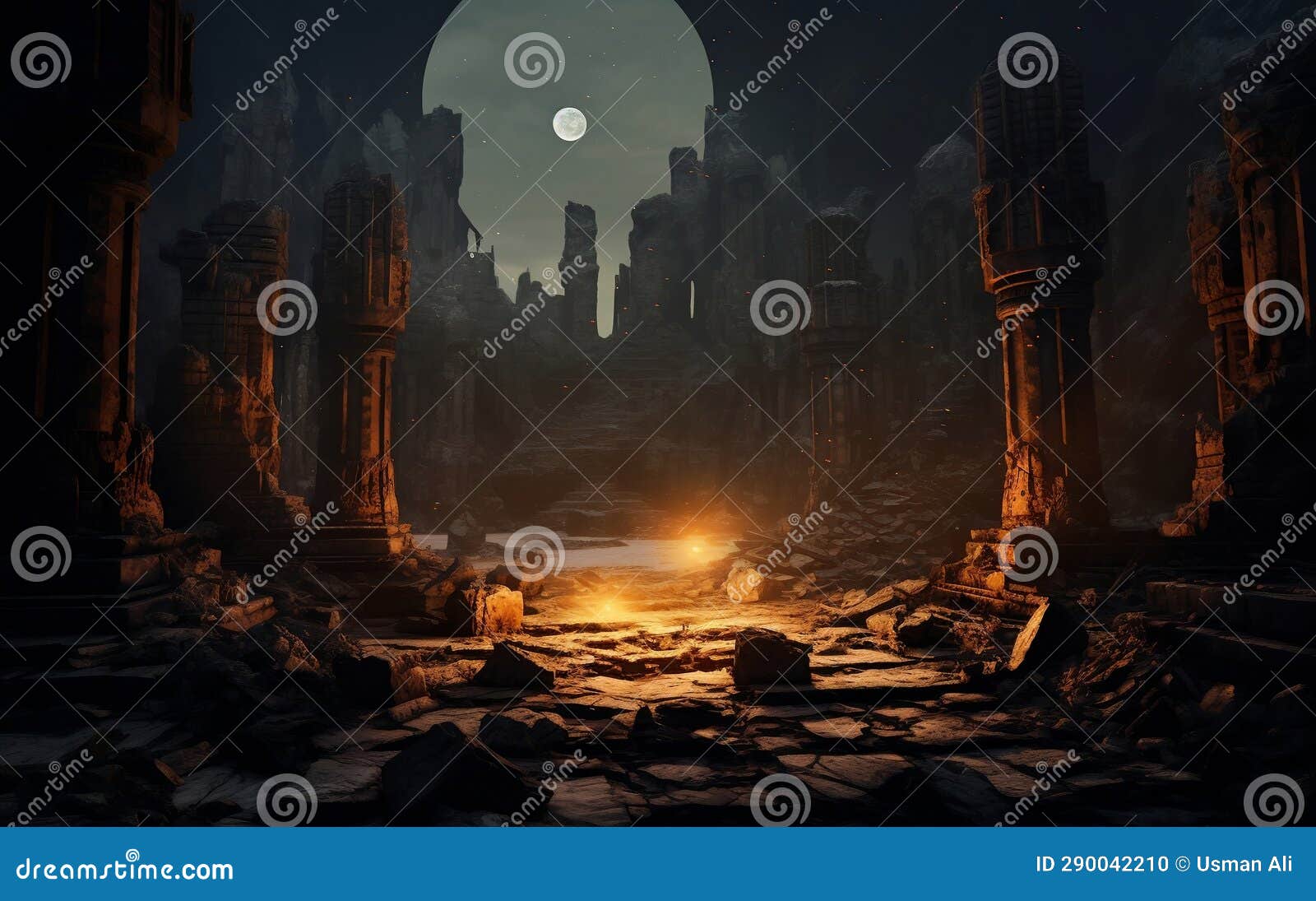 Mystical Light Ancient Temple S Dark Columns and Ruins. AI Stock ...