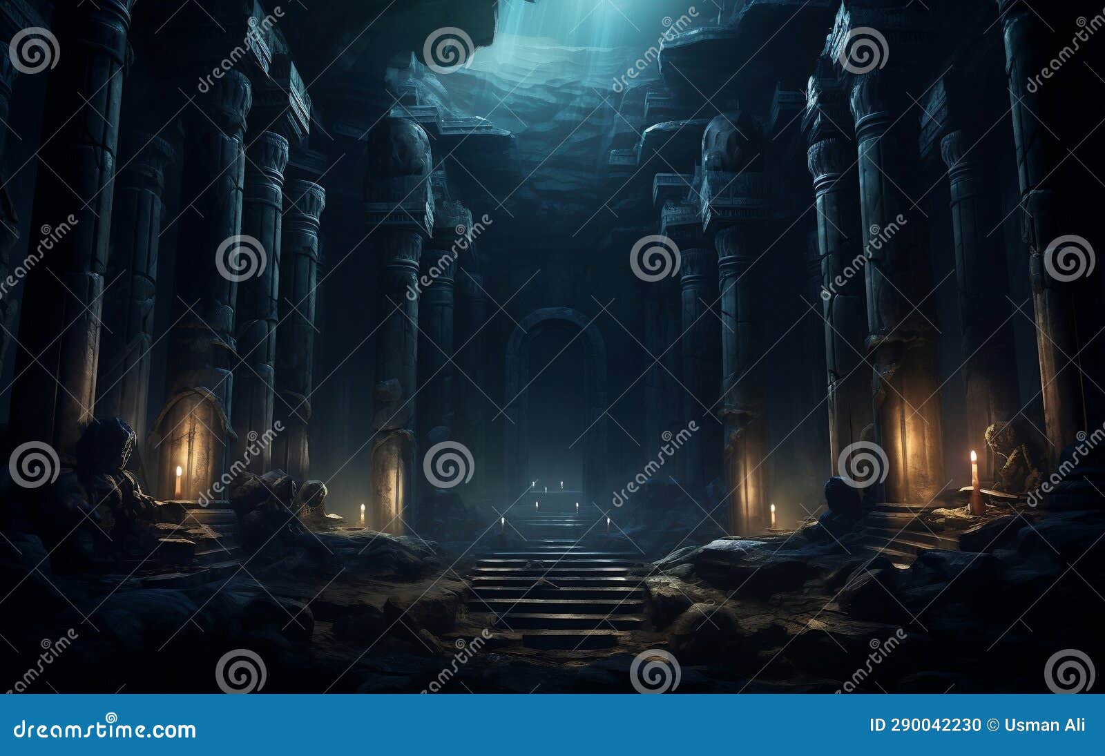 Mystical Light Ancient Temple S Dark Columns and Ruins. AI Stock ...