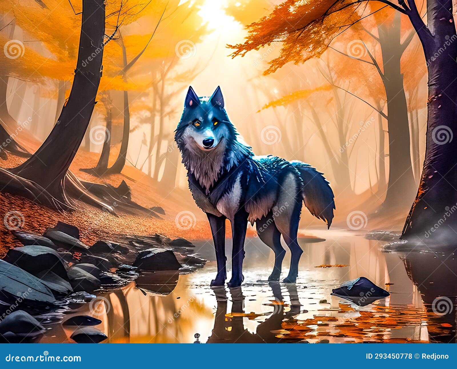 Mystical Magical Wid Wolf Standing in Stream in the Forest at Autumn ...
