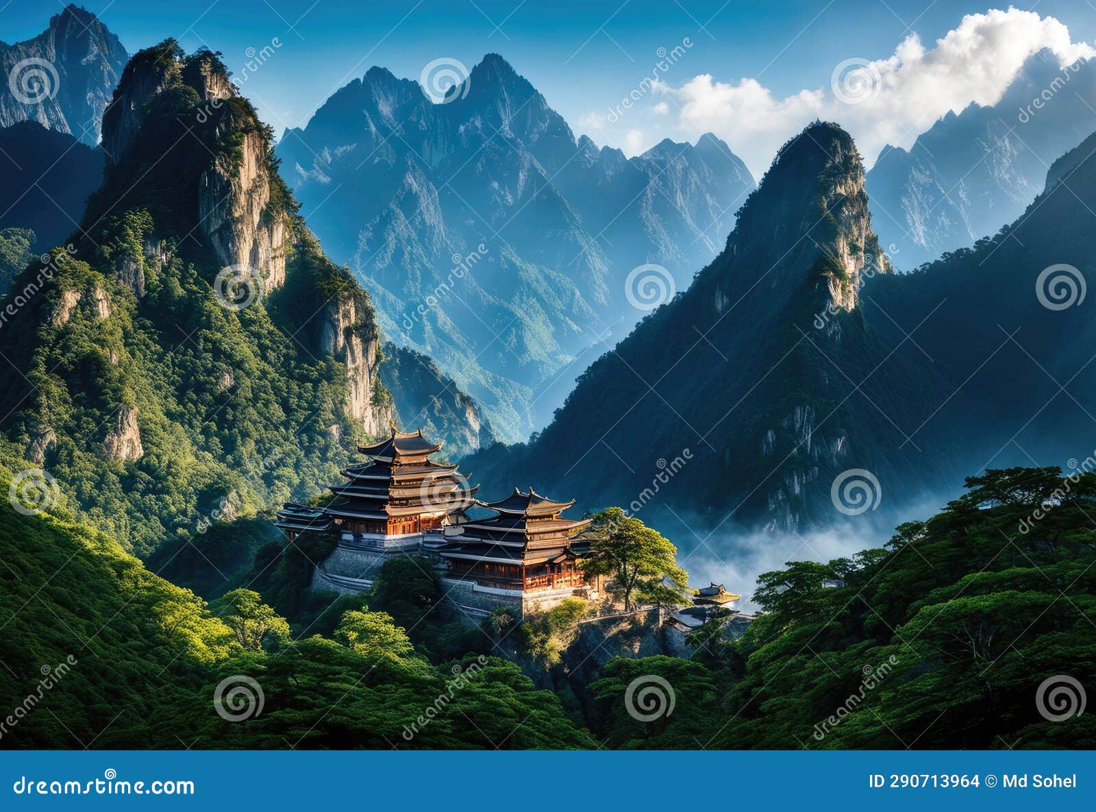 A Mystical Mountain Range with Hidden Temples. Stock Illustration ...