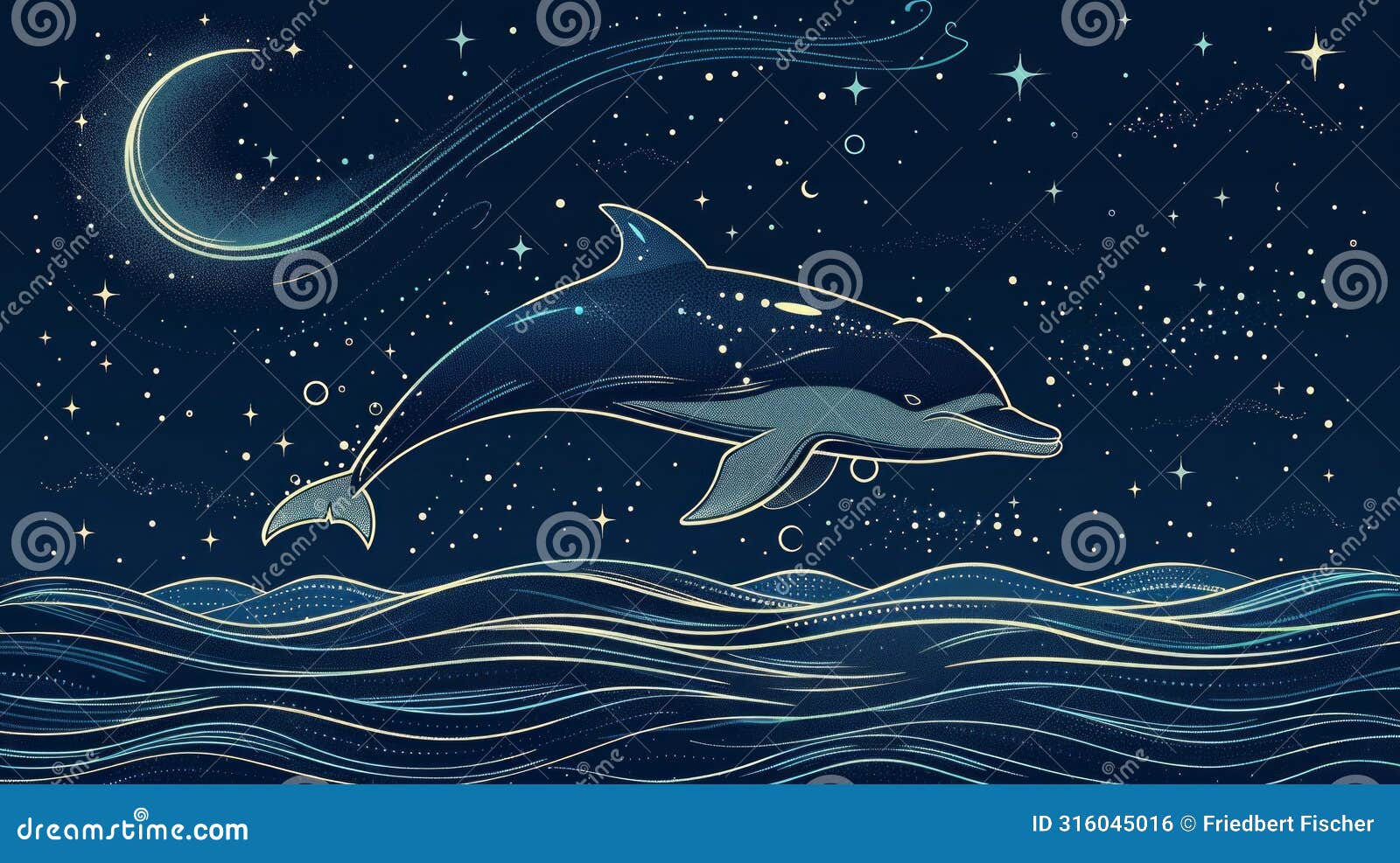 Mystical Night Sky With Glowing Dolphin And Crescent Moon Illustration ...