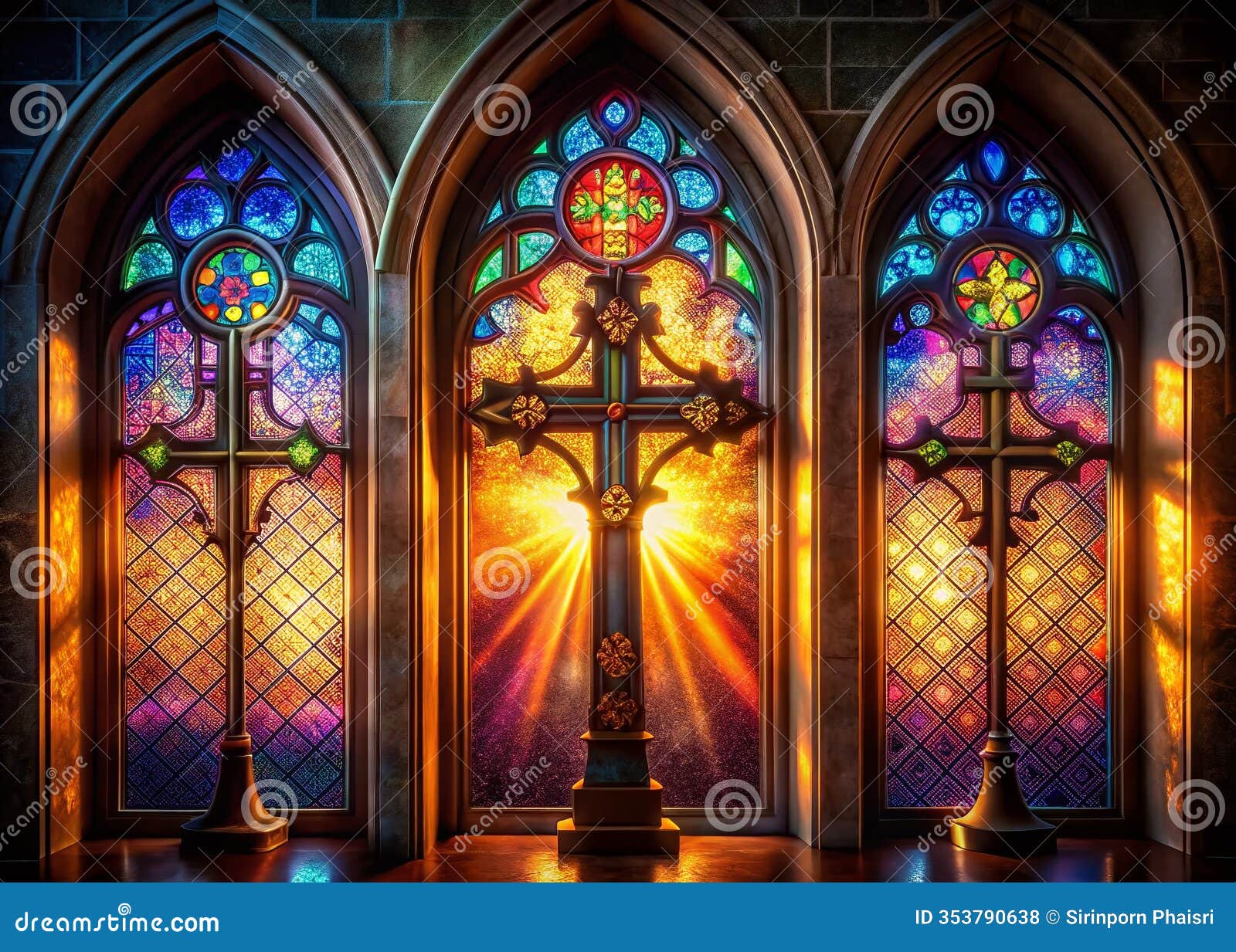 Mystical Nocturne a Gothic Triptych Window with Stained Glass Crosses ...