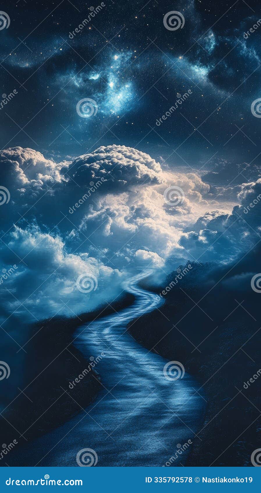 Mystical Pathway through Clouds Under Starry Night Sky, Fantasy and ...