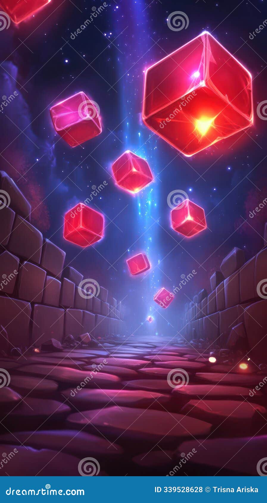 A Mystical Pathway Featuring Floating Red Cubes Against a Starry ...
