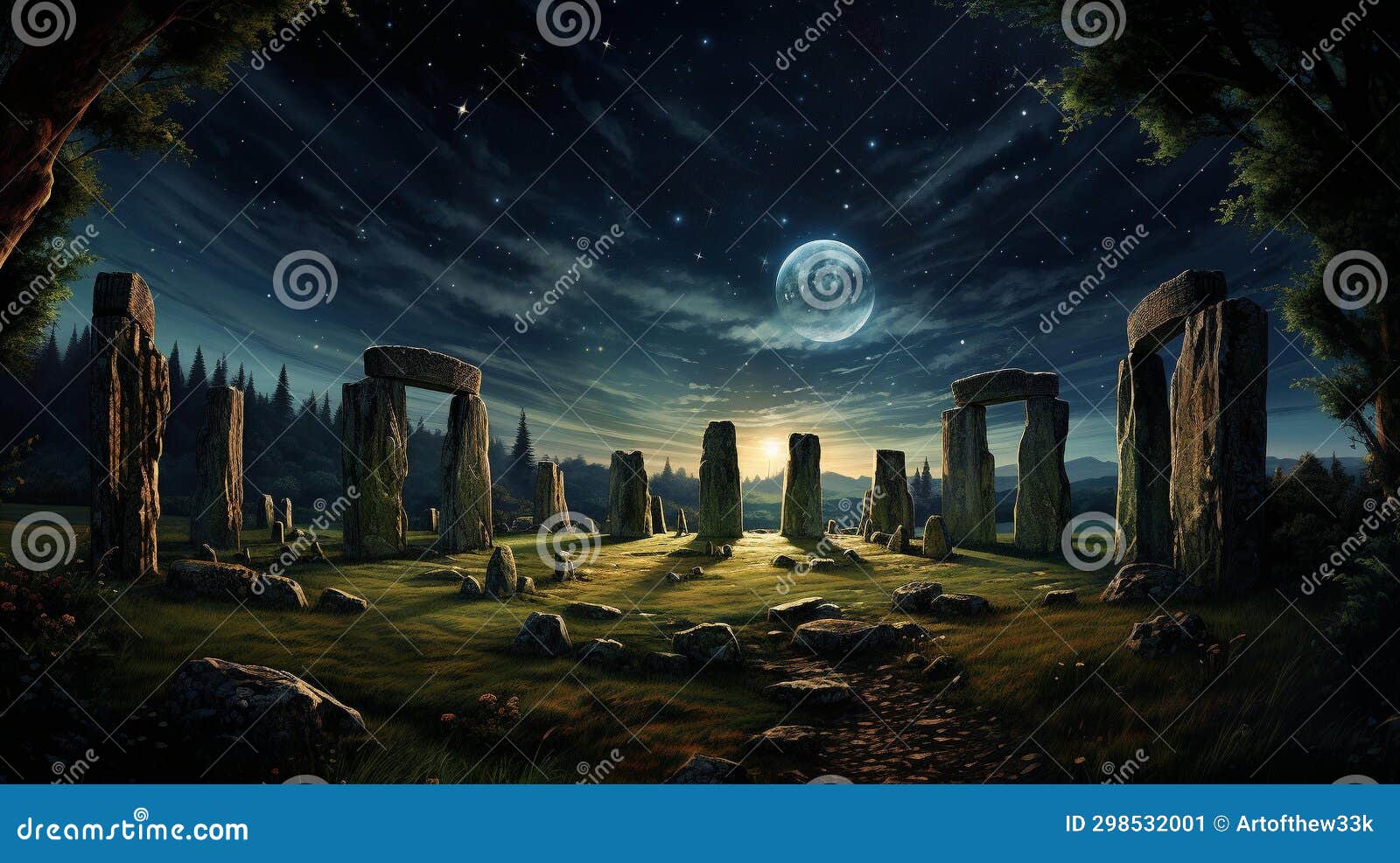 Mystical Planetary Alignment: Celestial Stones and Ethereal Skies Stock ...