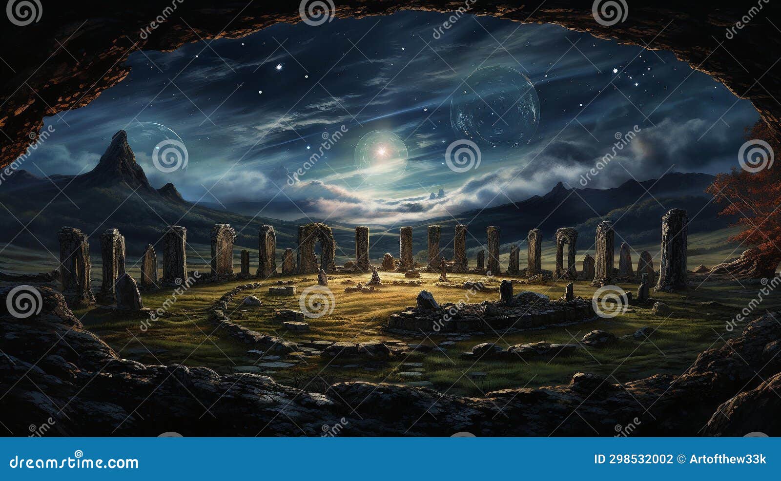 Mystical Planetary Alignment: Celestial Stones and Glowing Orbs Stock ...