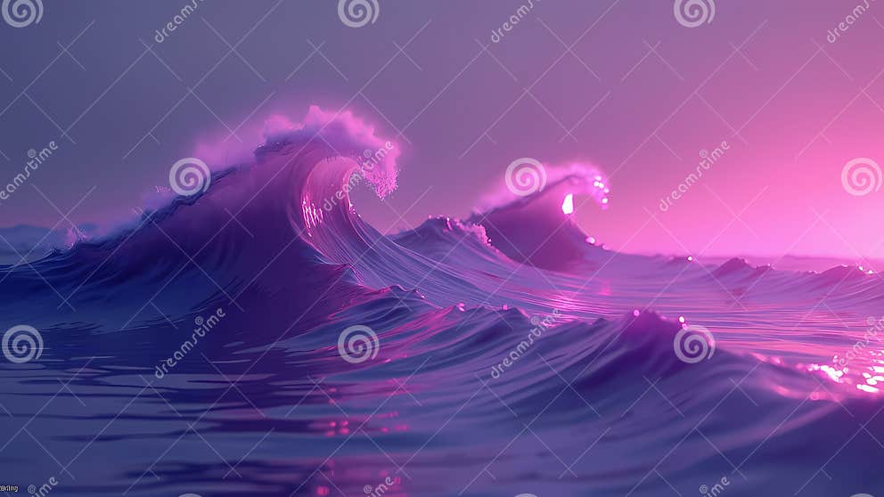 Mystical Polygonal Ocean with Waves and Pink Glow Stock Photo - Image ...