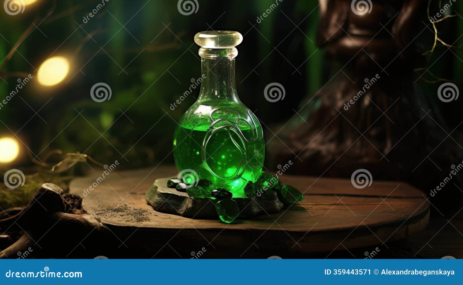 Mystical Potion Bottle with Green Elixir in Enchanted Forest Setting Stock Illustration ...