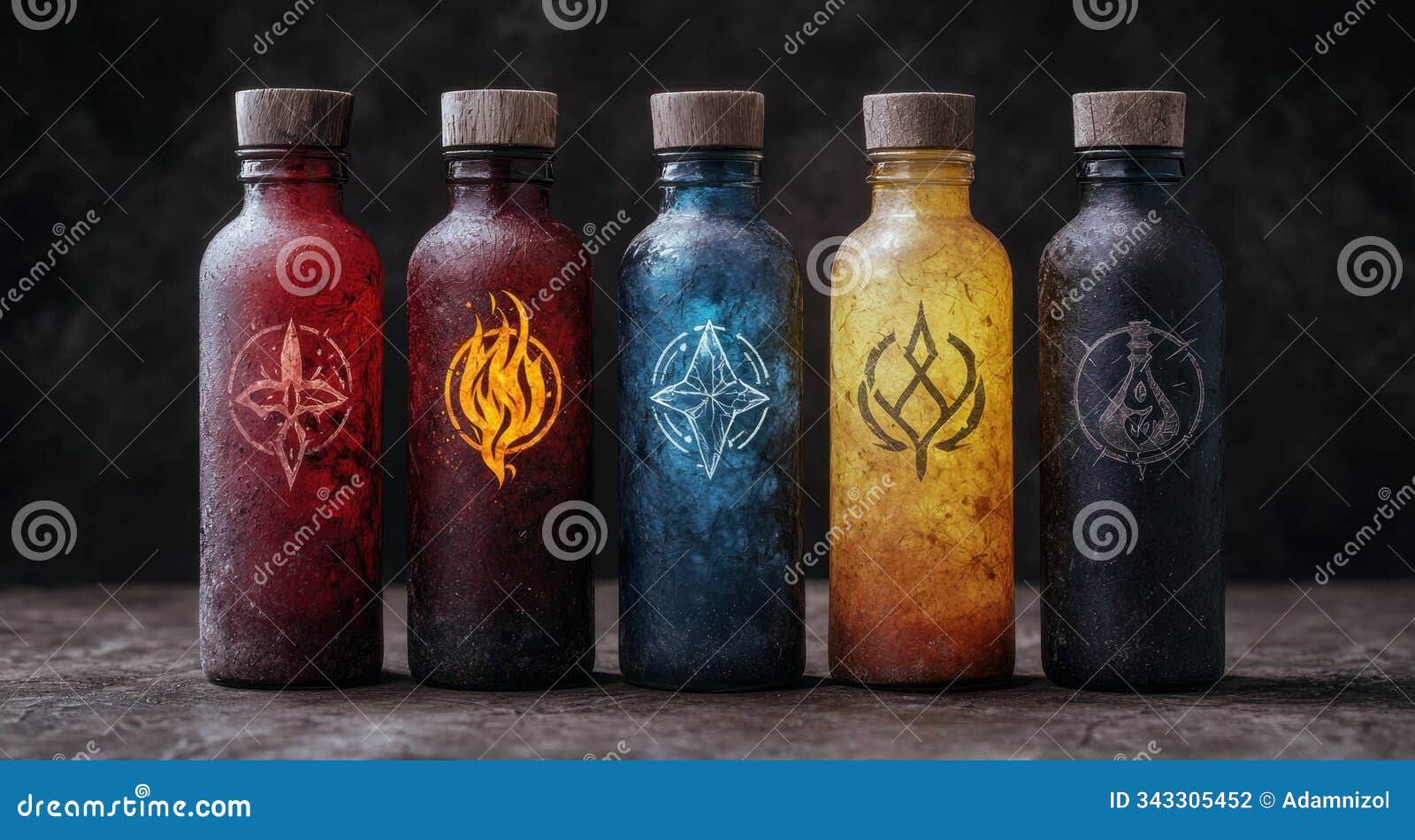 Mystical Potion Bottles with Elemental Symbols Stock Illustration ...