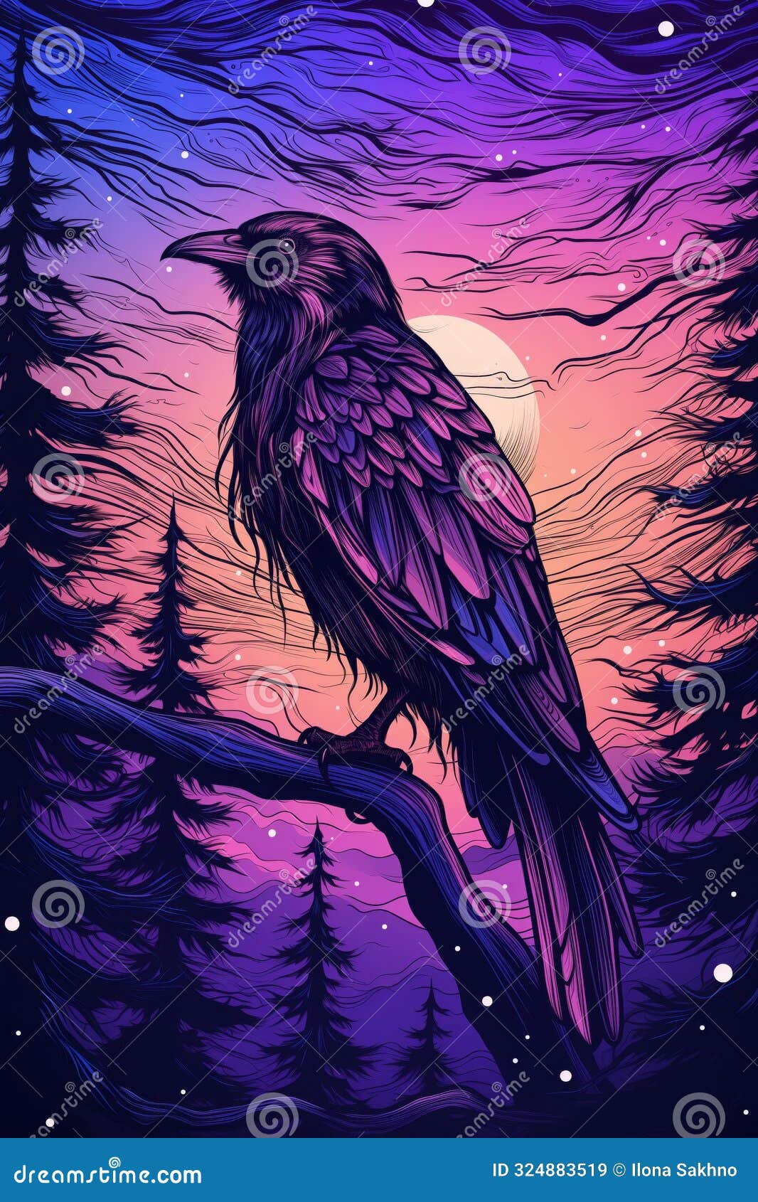 Mystical Raven in Enchanted Forest Stock Illustration - Illustration of ...