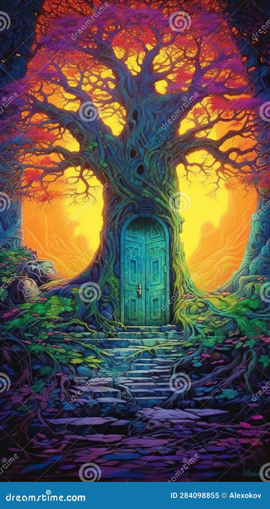 Mystical Realms: Colorful Tree with Door AI Generated Stock ...