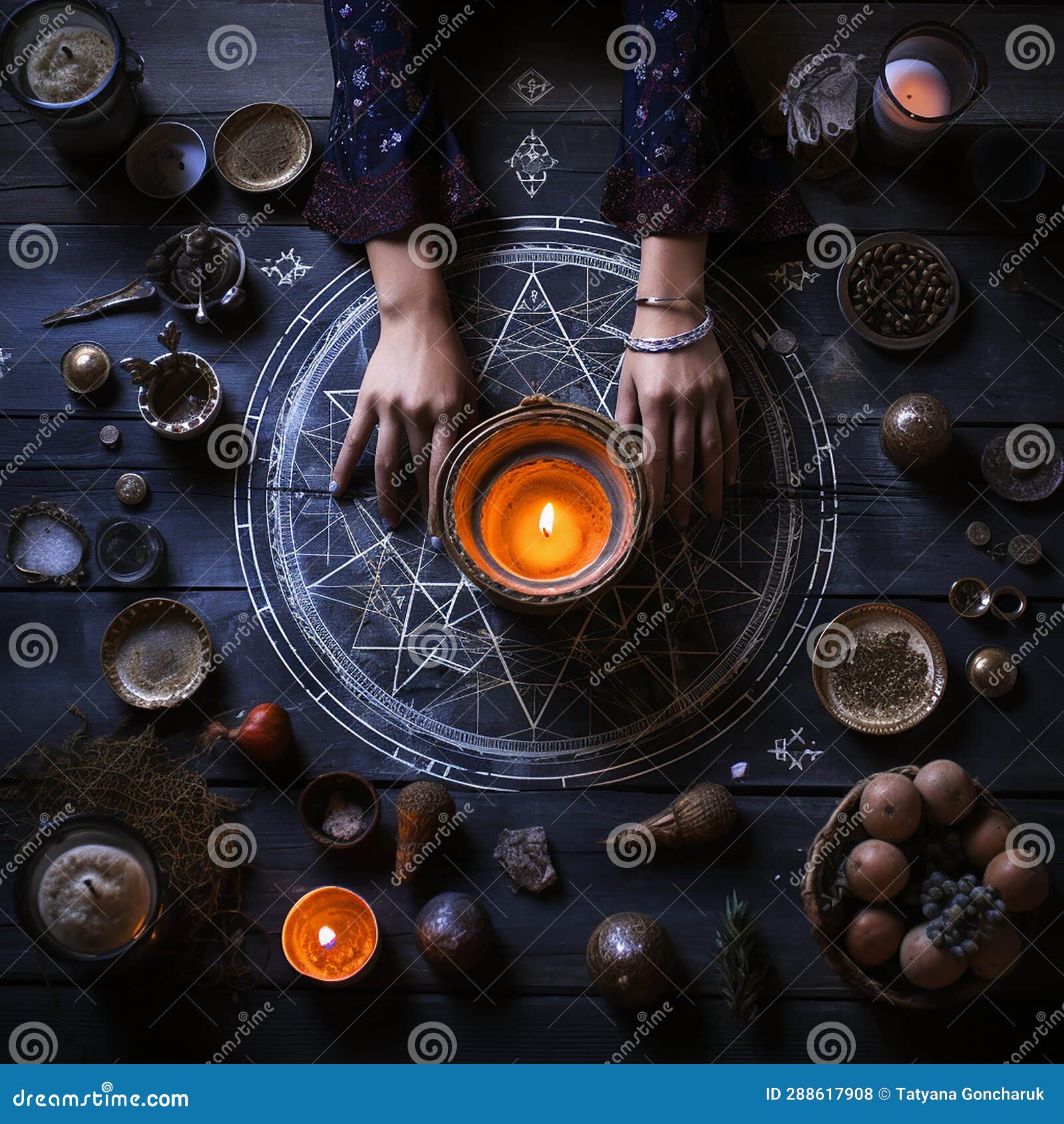 Mystical Ritual with Candles and Magic Stones, Top View Stock ...