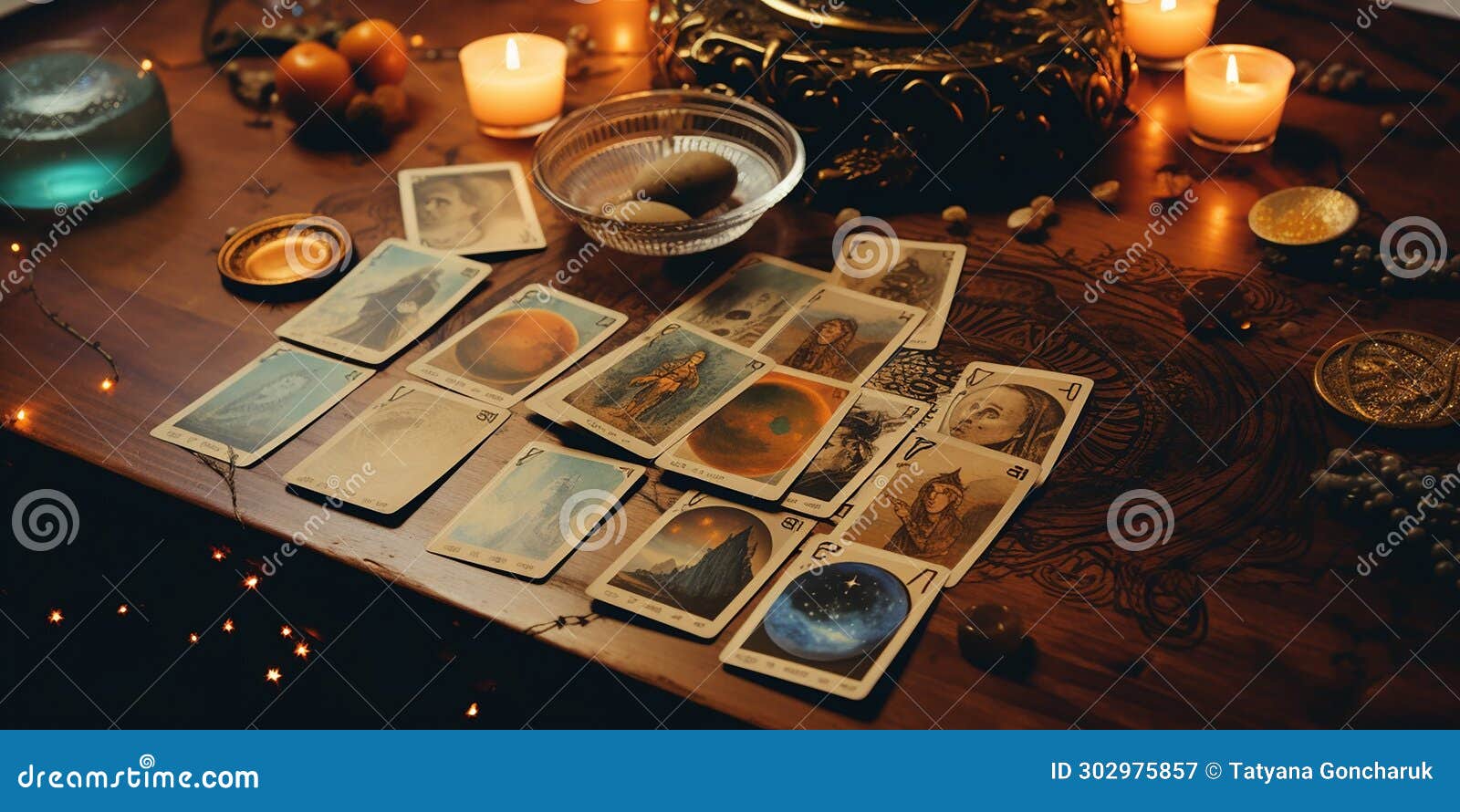 Mystical Ritual with Candles and Tarot Cards, Top View Stock ...