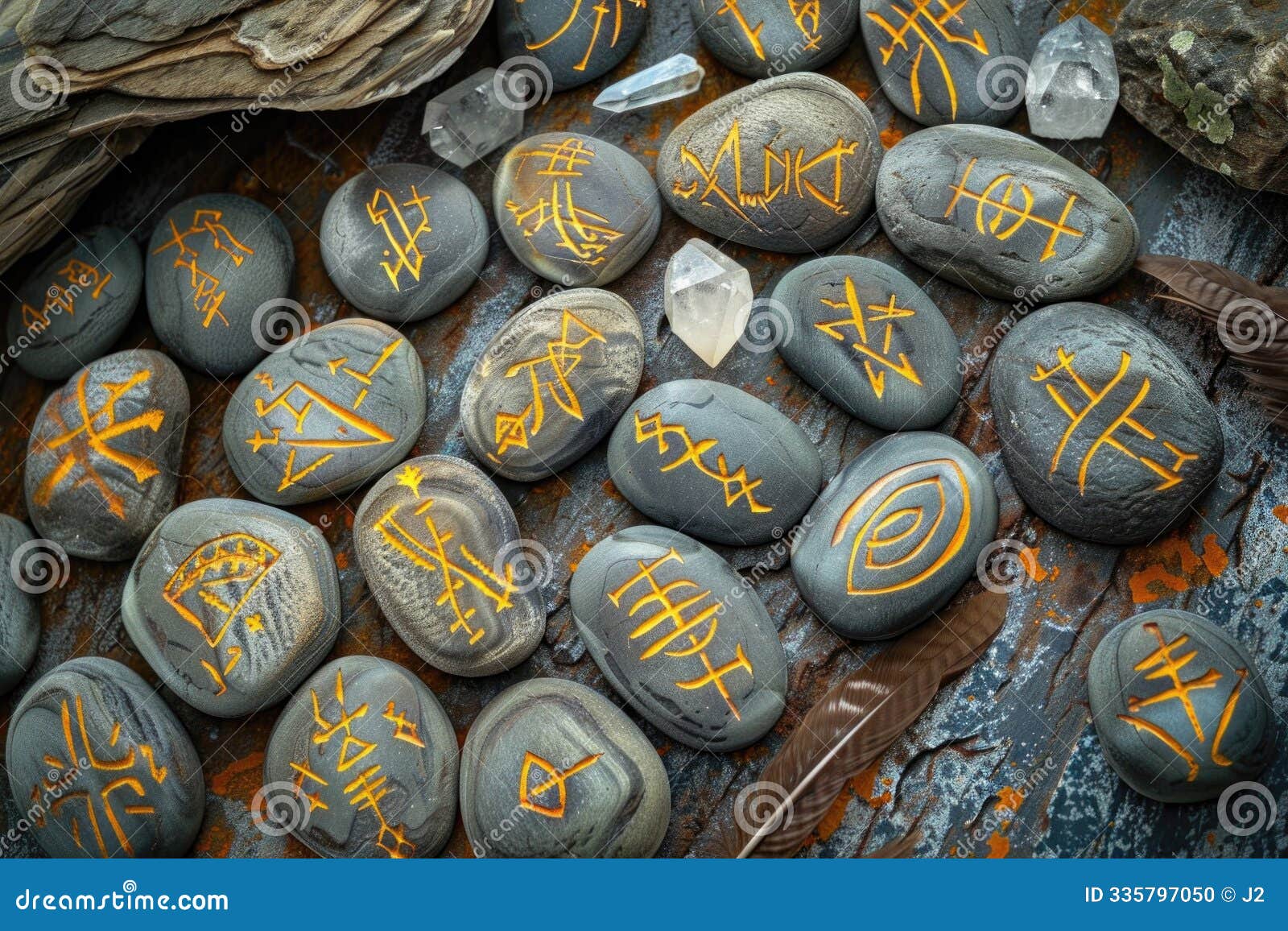 Mystical Runes on Stones with Crystals and Feathers AI Stock Photo ...