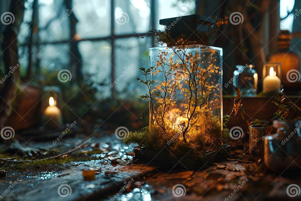A Mystical Scene Featuring a Glowing Terrarium with Tiny Plants Inside, Illuminated by Warm ...