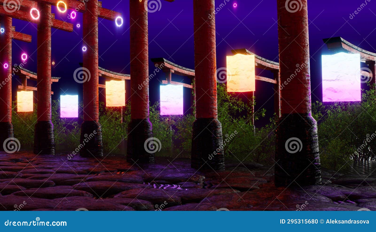 Mystical Scene with Neon Glowing Lanterns, Red Torii Gates, Stone Path ...