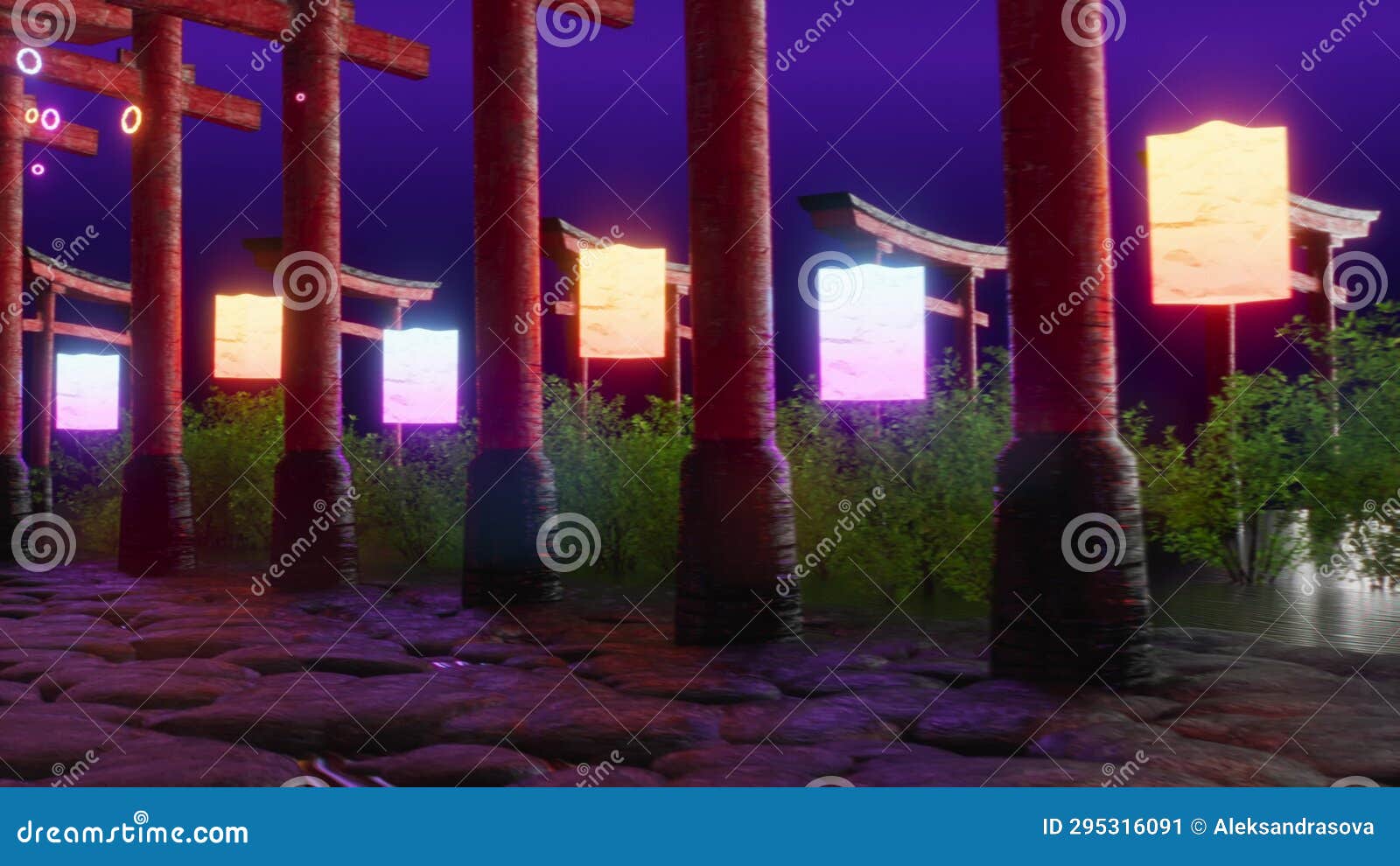 Mystical Scene with Neon Glowing Lanterns, Red Torii Gates, Stone Path ...