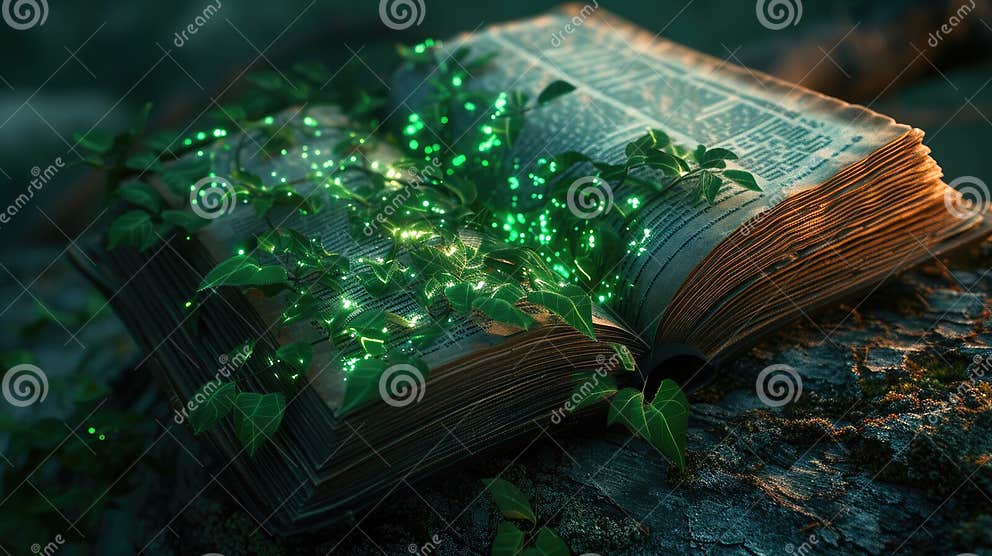 Mystical Scriptures with Glowing Ethereal Leaves. Stock Illustration ...