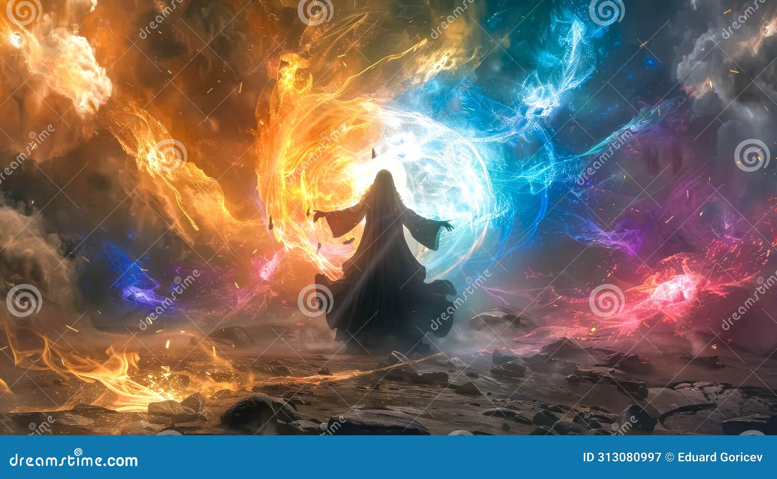 Mystical Sorcerer Summoning Elemental Magic Stock Image - Image of ...