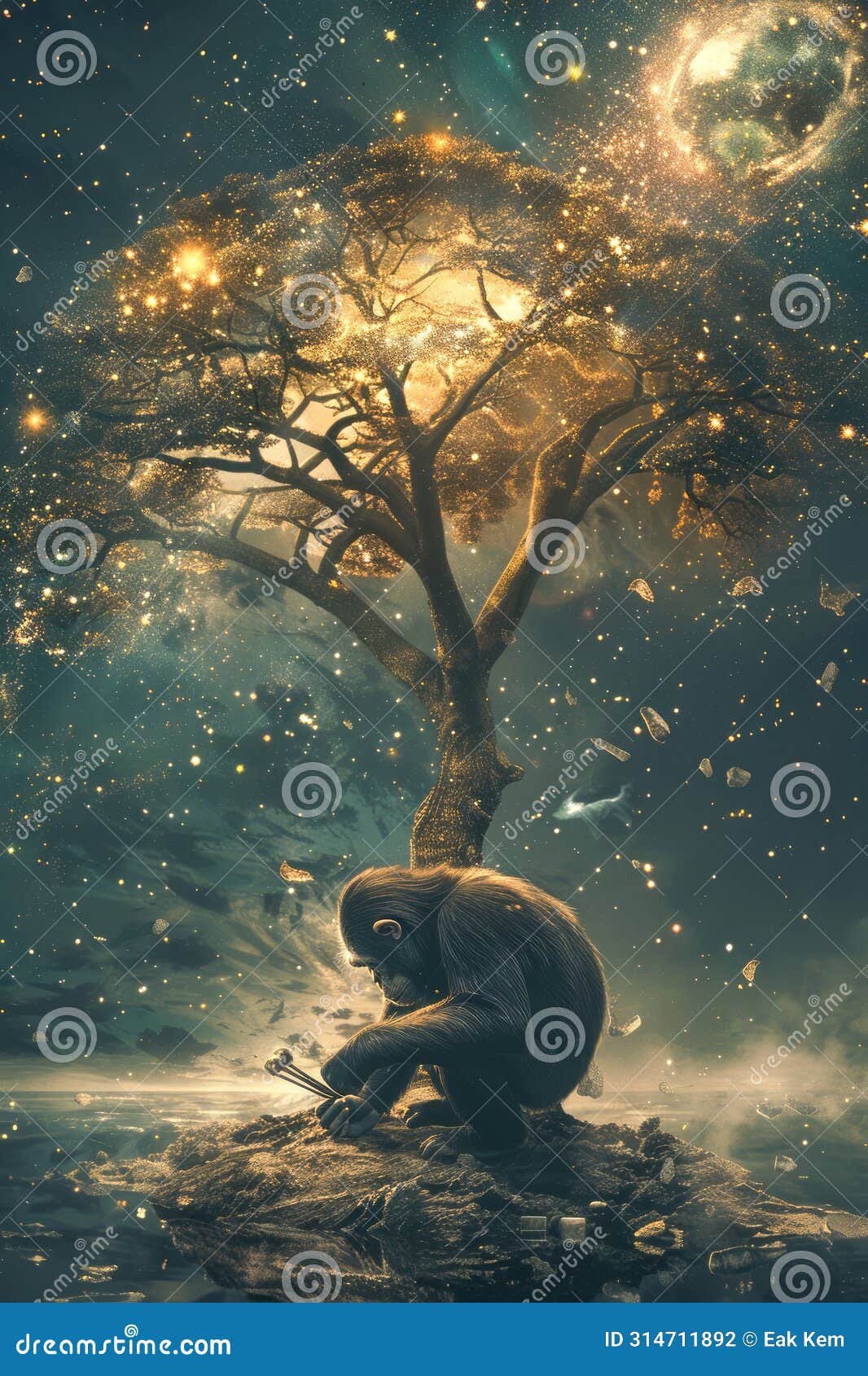 Mystical Space Monkey Meditating Under Cosmic Tree with Planets and ...