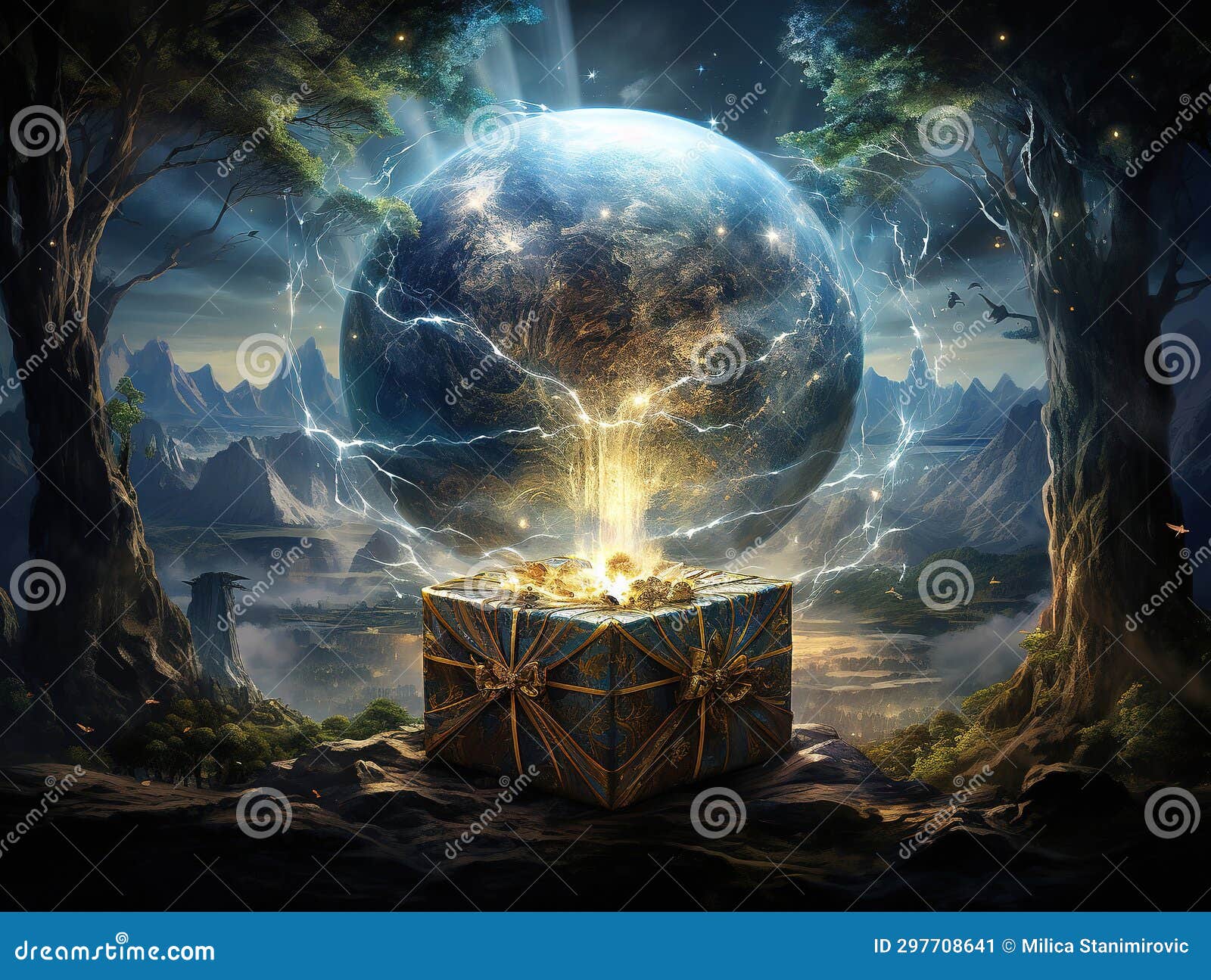 Mystical Sphere Emerging from Gift Box in Enchanted Forest Stock ...