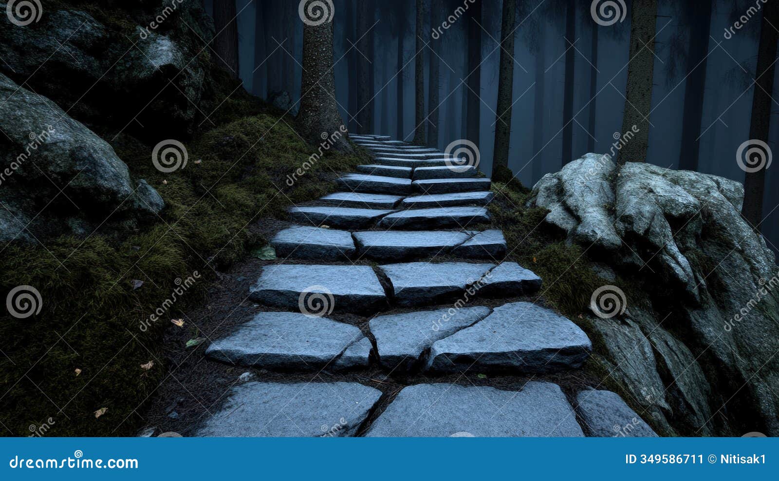 Mystical Stone Pathway through a Dimly Lit Forest with Trees and Moss ...