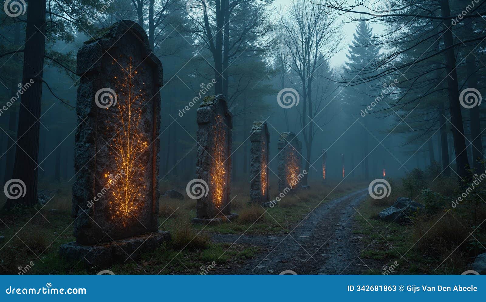 Mystical Stone Pillars with Glowing Runes in a Forest Clearing Stock ...